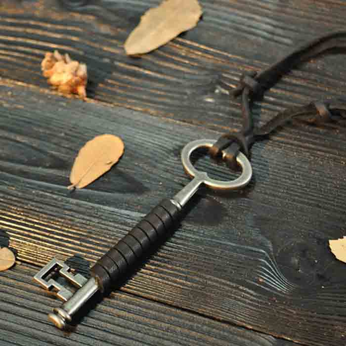 Real Leather Retro Style Key Pendant Necklace Brown Black